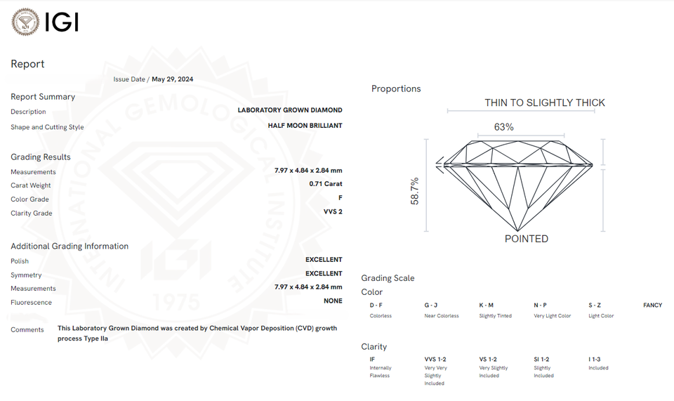 IGI Certified 0.71 Ct Half Moon Cut Lab Grown CVD Diamond F Color VVS2 ...