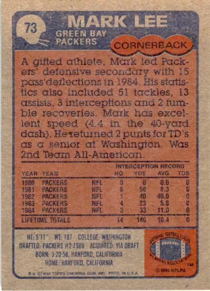 1985 TOPPS; MARK LEE. GREEN BAY PACKERS #73 | eBay