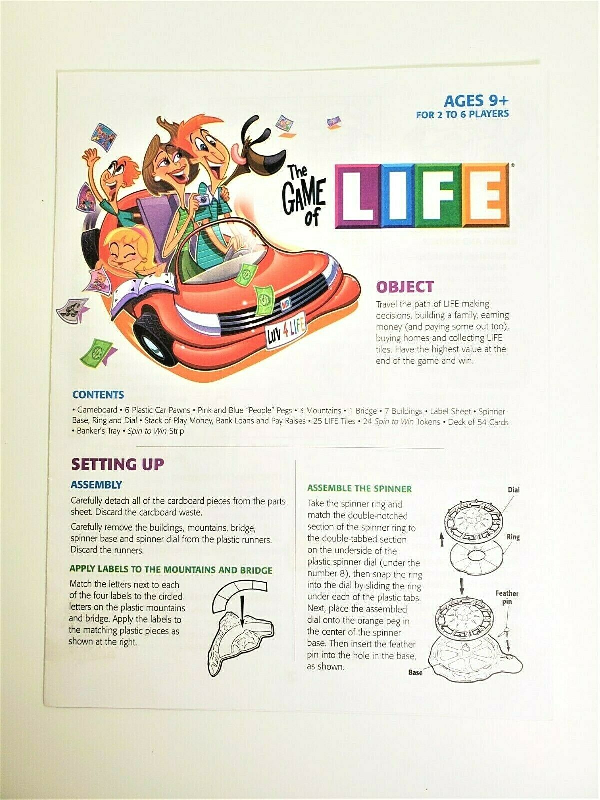 Game of Life Replacement Parts Piece Instruction Sheet 2007 Pamphlet | eBay