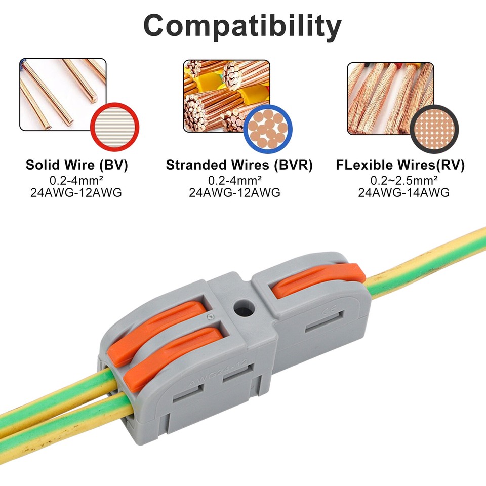50x Reusable Spring Lever Terminal Block 1in 2Out Compact Wire Cable ...