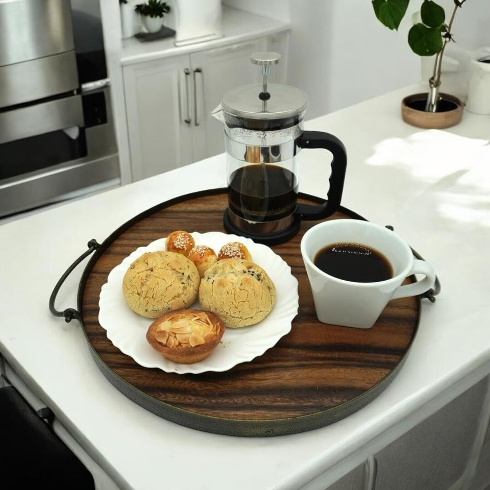 Acacia Wood Cheese Tray and Serving Board with Handles Large Round ...