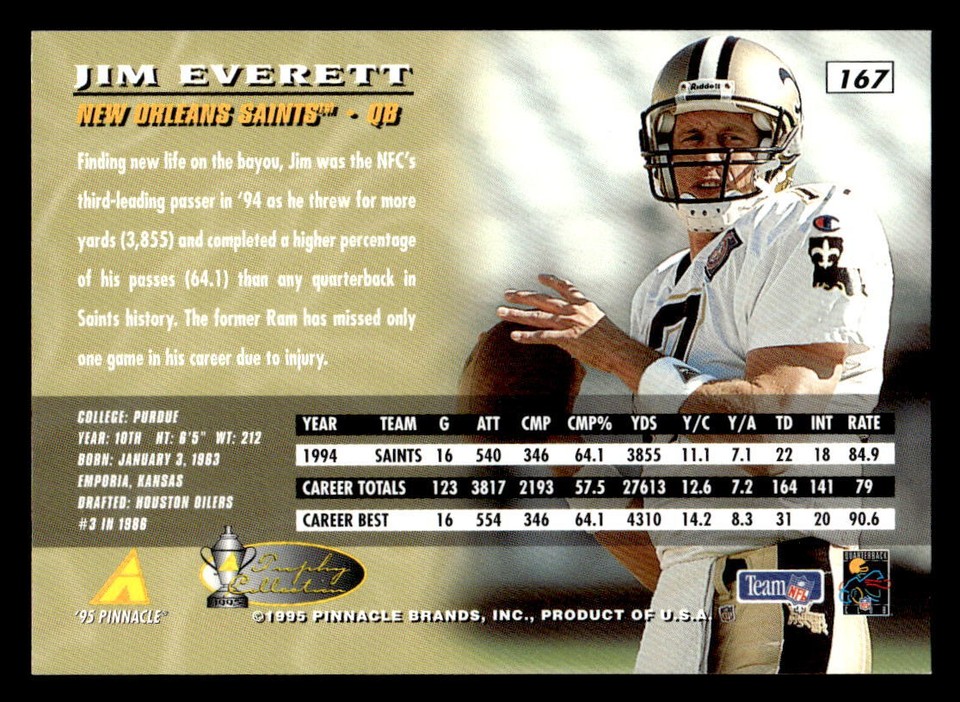 Jim Everett New Orleans Saints 1995 Pinnacle Trophy Edition #167 | eBay
