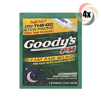 4x Packs Goody's PM Pain Relief Nighttime Sleep Aid Powder ( 6 Sticks ...