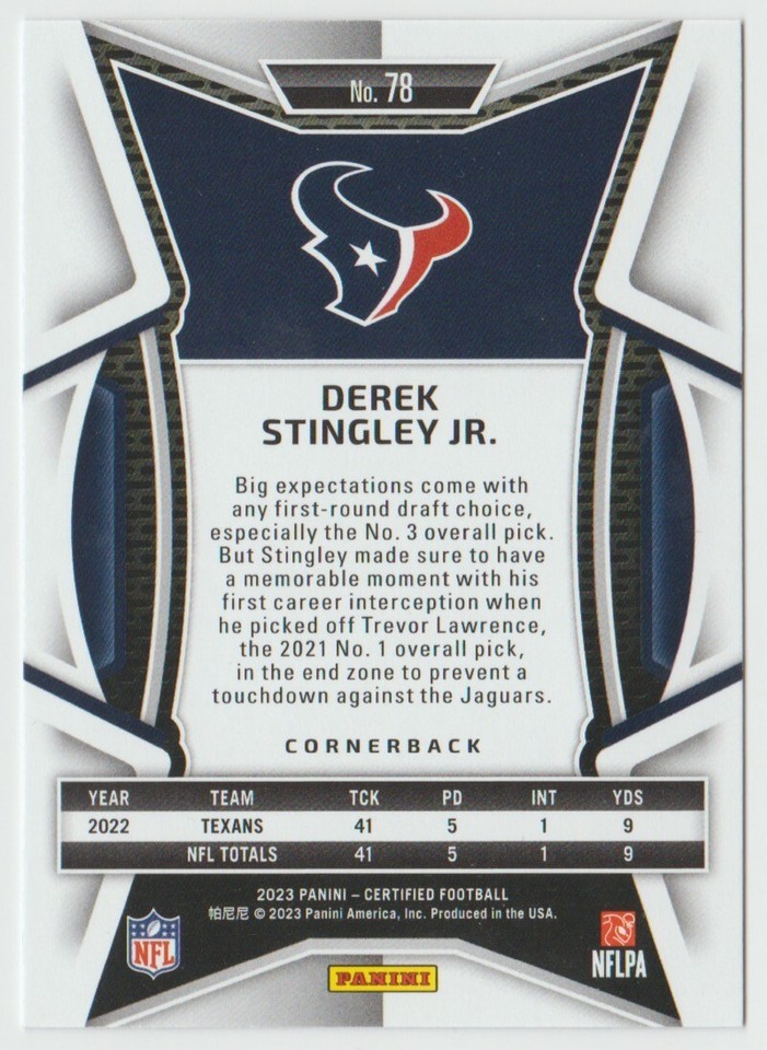 2023 Panini Certified Football #78 Derek Stingley Jr. - Houston Texans ...