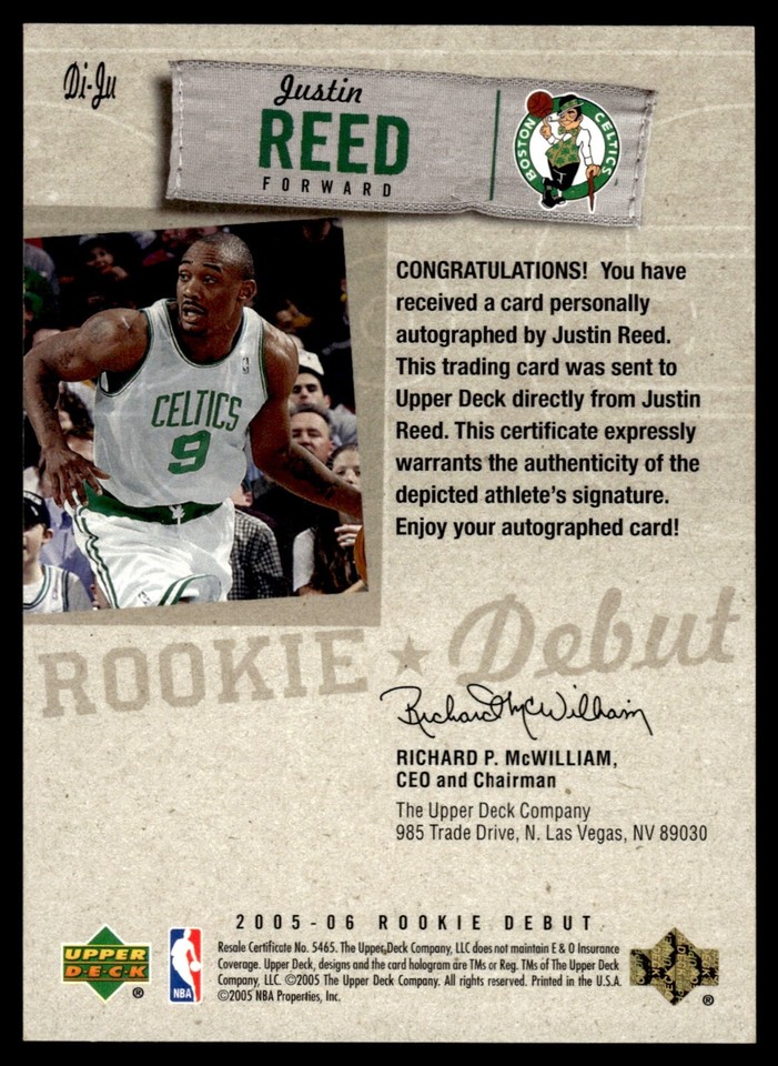2005-06 Upper Deck Rookie Debut Ink #DI-JU Justin Reed Auto RC Celtics ...