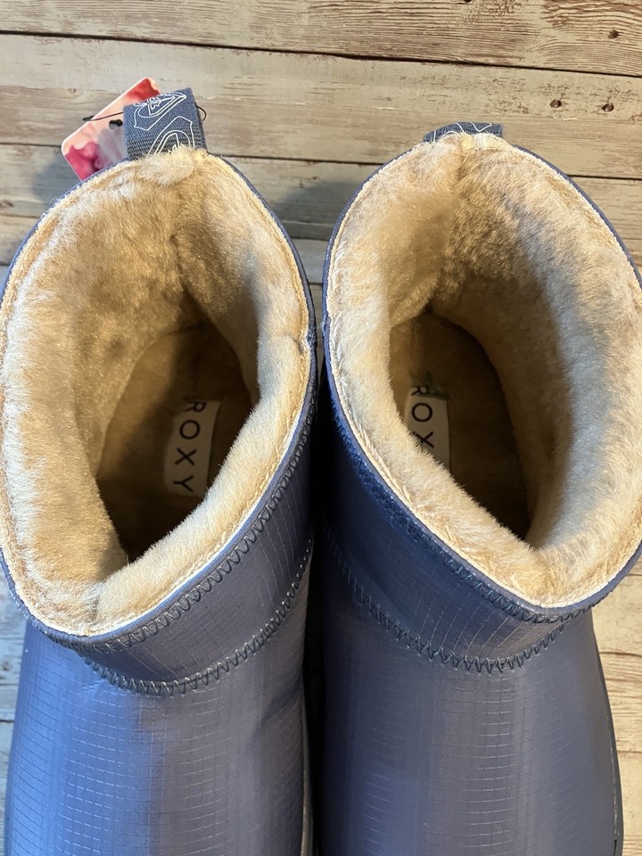 New ROXY Pow Booty Blue Faux Fur Lined Winter Warm Ankle Booties Women ...