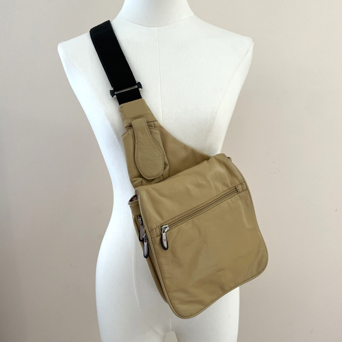 Travelon Leather Crossbody Purse Sling Bag Organizer Beige Expandable ...