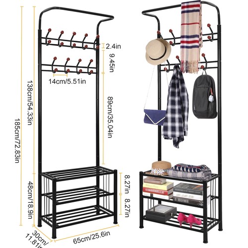 18 Hooks Metal Coat Hat Rack Shoe Shelf Stand Cloth Hanger Holder ...