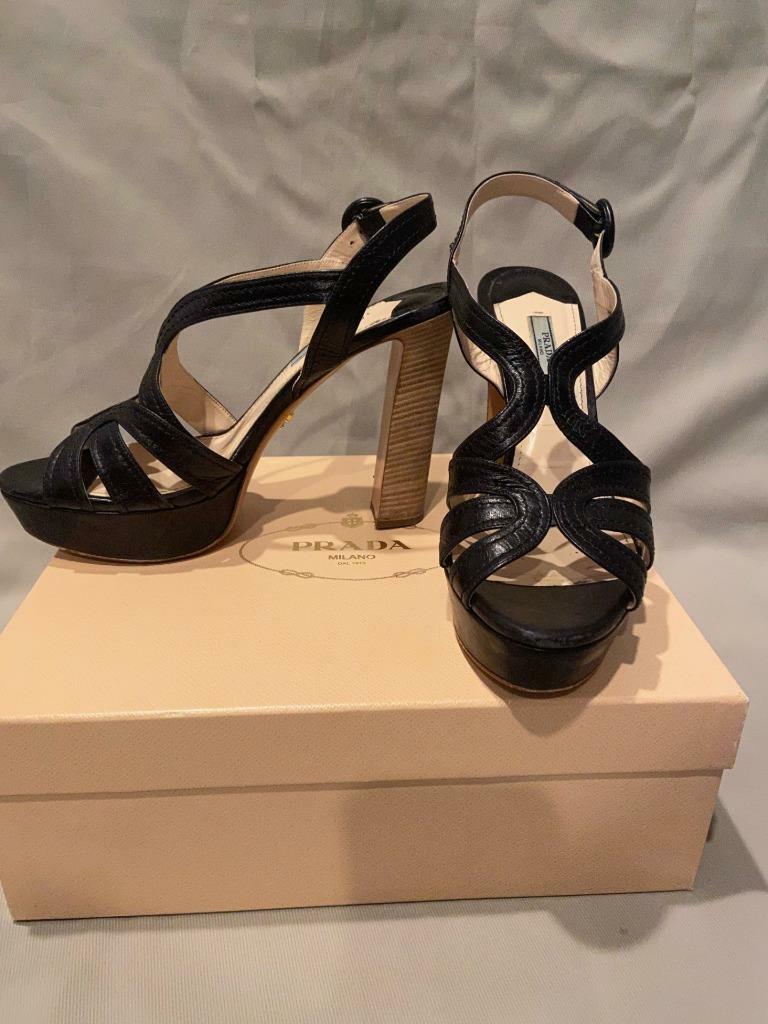 Prada Sandal Platform Black Leather Natural Stacked H… - Gem