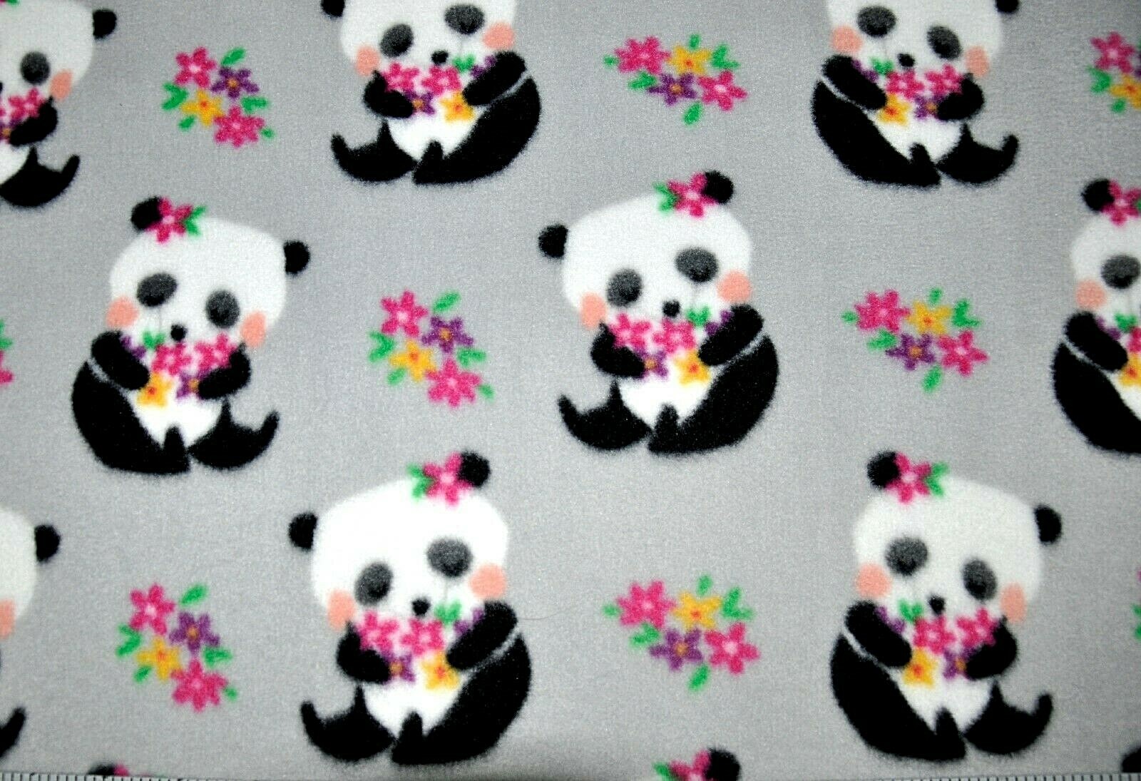 BTY*BABY PANDA BEARS WITH ARMFUL OF FLOWERS ON GREY FLEECE FABRIC 1 YD ...