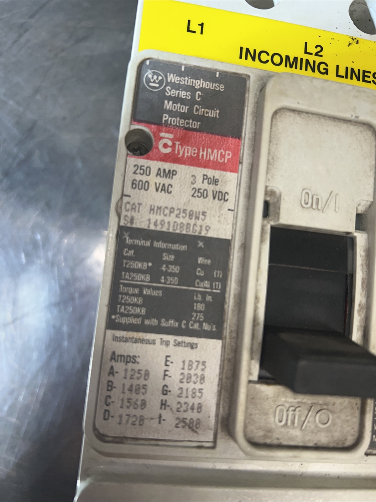 WESTINGHOUSE HMCP HMCP250W5 3 Pole 250 Amp 600 V Motor Circuit ...