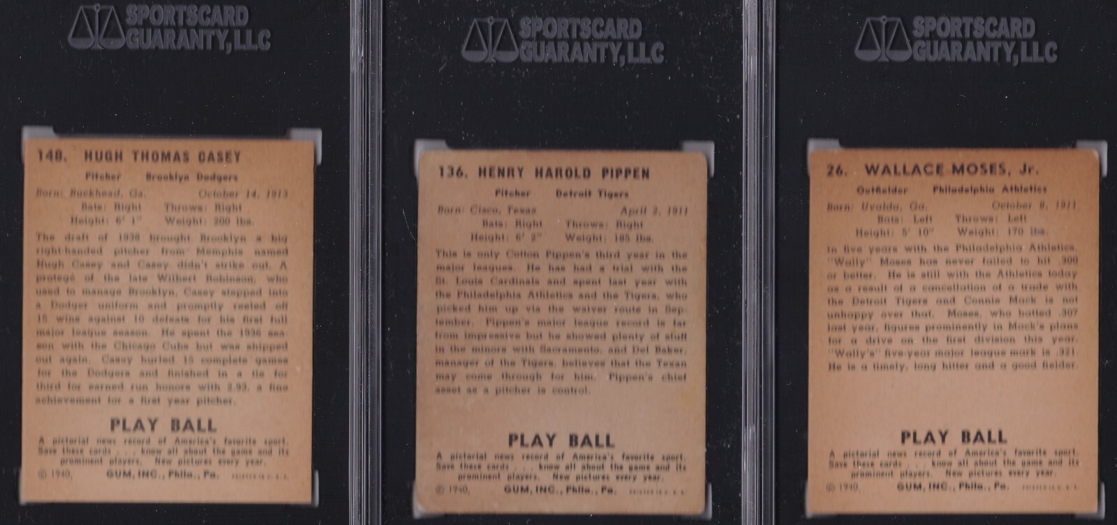 Three 1940 Play Ball Cards 148 Casey, 136 Pippen, 26 Moses, ALL SGC 4 ...