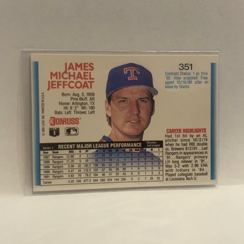#351 James Michael Jeffcoat Texas Rangers 1992 Donruss Baseball Card HV ...