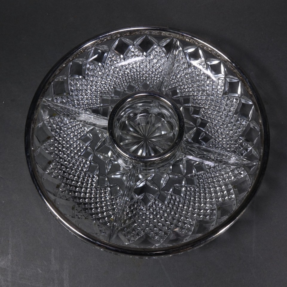 Vintage Lead Crystal 4 Section Diamond Cut Serving Dish with Silver ...