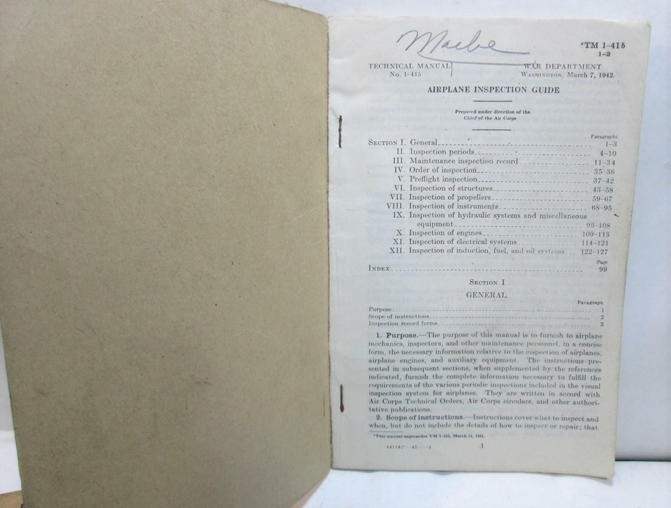 WWII Manuals 1942 TM 1-415 Airplane Inspection & 1941 FM 22-5 Infantry ...