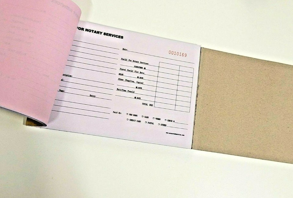 Receipt for Notary Services Book 50 x 2-ply Duplicate Pink/White Public ...