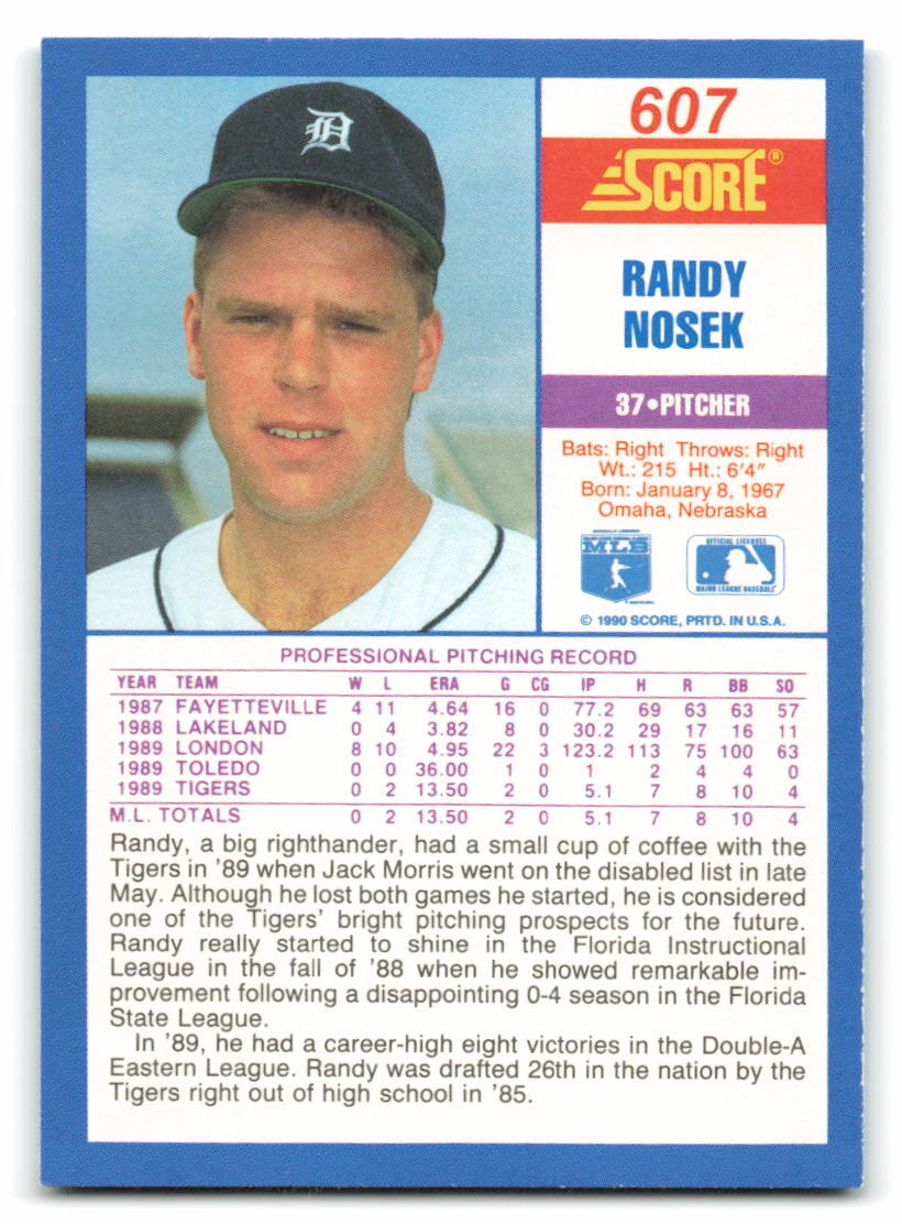 Randy Nosek 1990 Score BASEBALL #607 Detroit Tigers | eBay