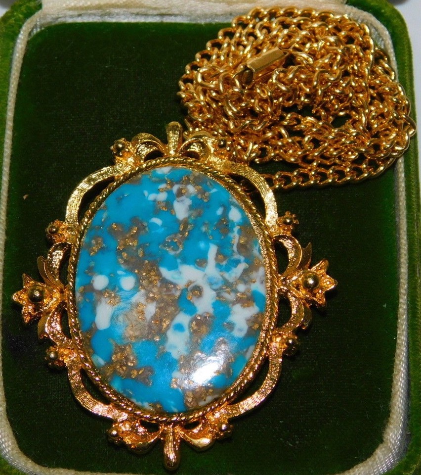 Vintage Gold tone Chain Turquoise Color Stone Pendant 23" Necklace 1d ...