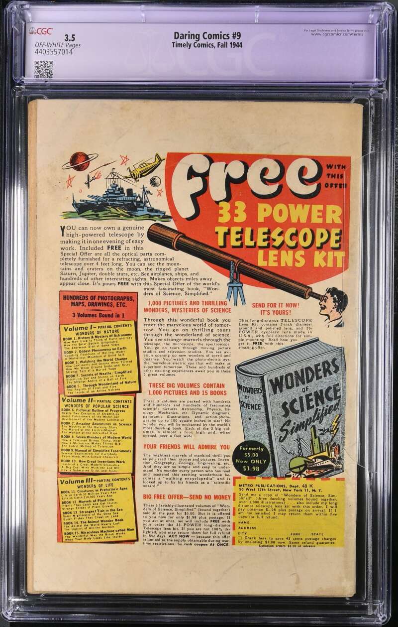 Daring Comics #9 CGC 3.5 (R) 1944 Schomburg Cover Timely Comics Golden ...