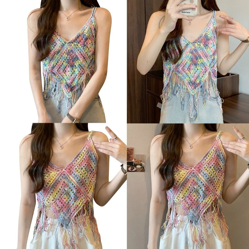 Women Floral Knit Cami Tops Spaghetti Strap Sleeveless V Neck Cropped