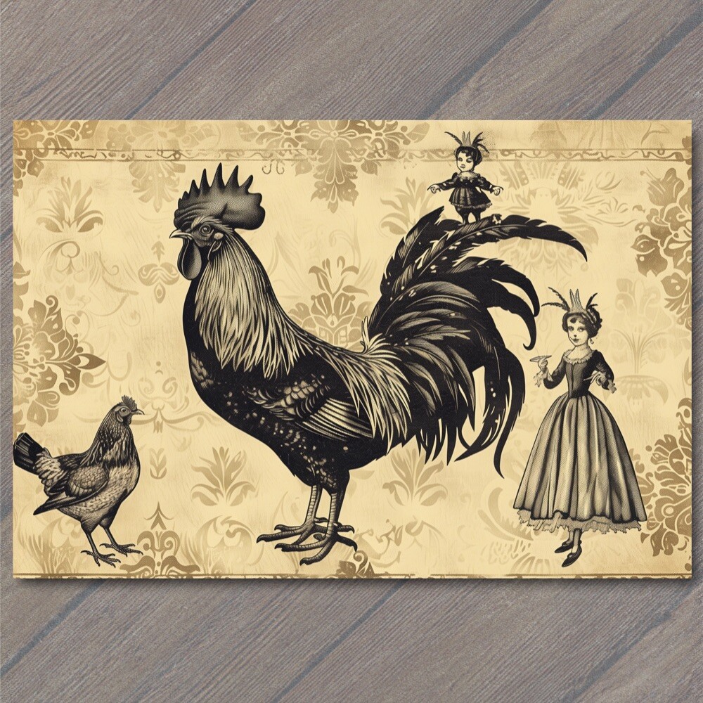 POSTCARD Rooster Chicken Victorian Pattern Fancy Bird Girl Weird ...