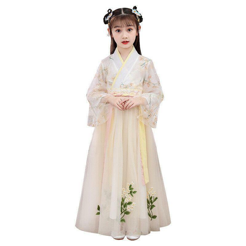 Kid Girl Chinese Floral Dress Embroidered Sheer Hanfu Tang Suit Ancient ...
