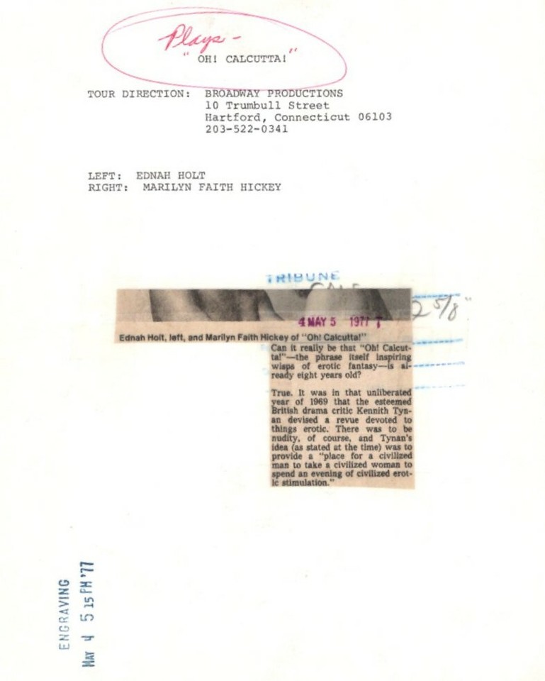 Ednah Holt "OH CALCUTTA" Marilyn Faith Hickey 1977 "Chicago Tribune ...
