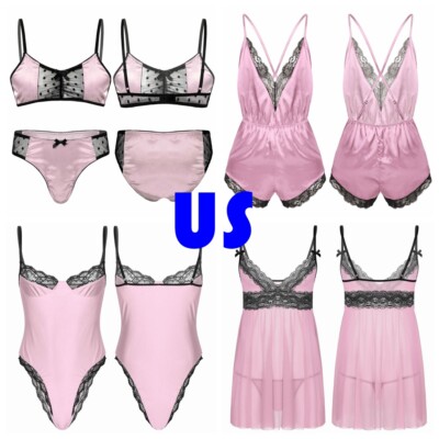 Men Sexy Sissy Lingerie Set Crossdresser Sleepwear Lace Chemise Teddy ...