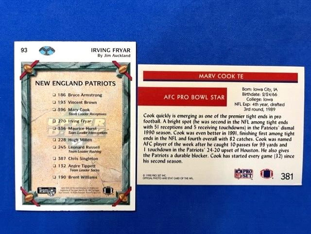 NFL - Marv Cook 1992 Upper Deck Team Checklist & 1992 Pro Set Pro Bowl ...