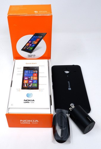 NOKIA MICROSOFT LUMIA 1520 AT&T PHONE BOX, AC ADAPTER, BLACK BACK COVER ...