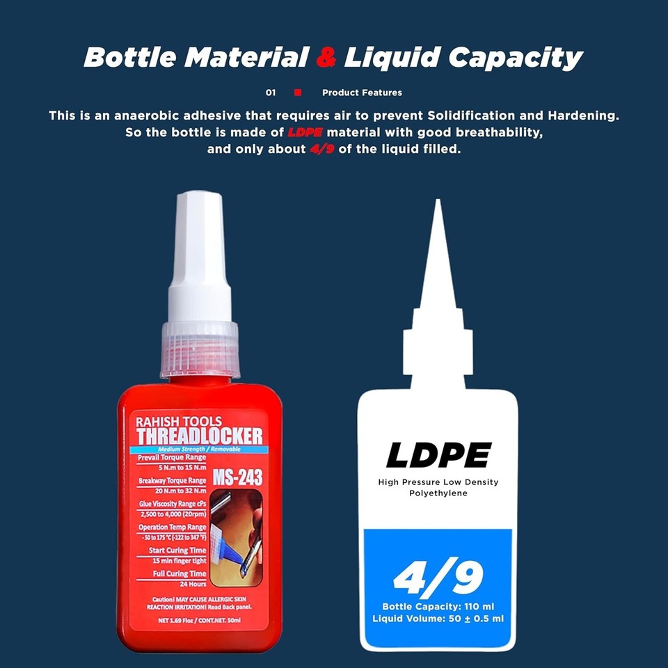 Rahish Tools Thread Lock Blue, 243 Threadlocker Medium Strength ...