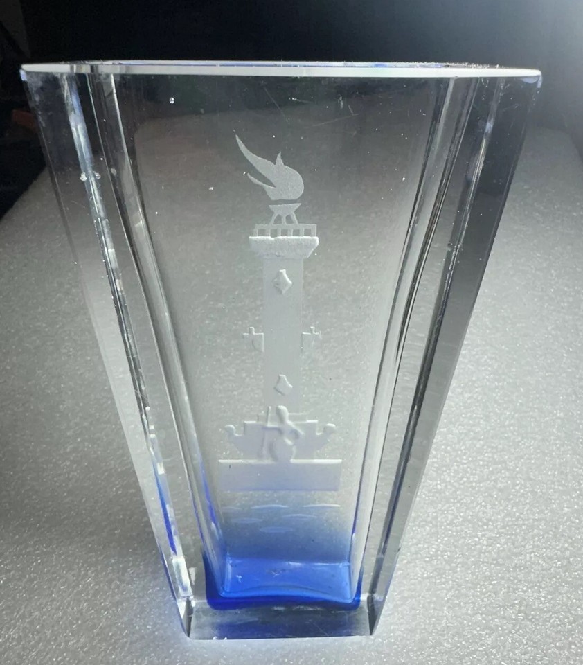 Vintage Etched LIGHTHOUSE Crystal Glass Vase with Tinted Blue Bottom | eBay