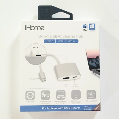iHome 3 In 1 USB-C Charge Hub Mac & PC Compatible USB-A HDMI Ports ...