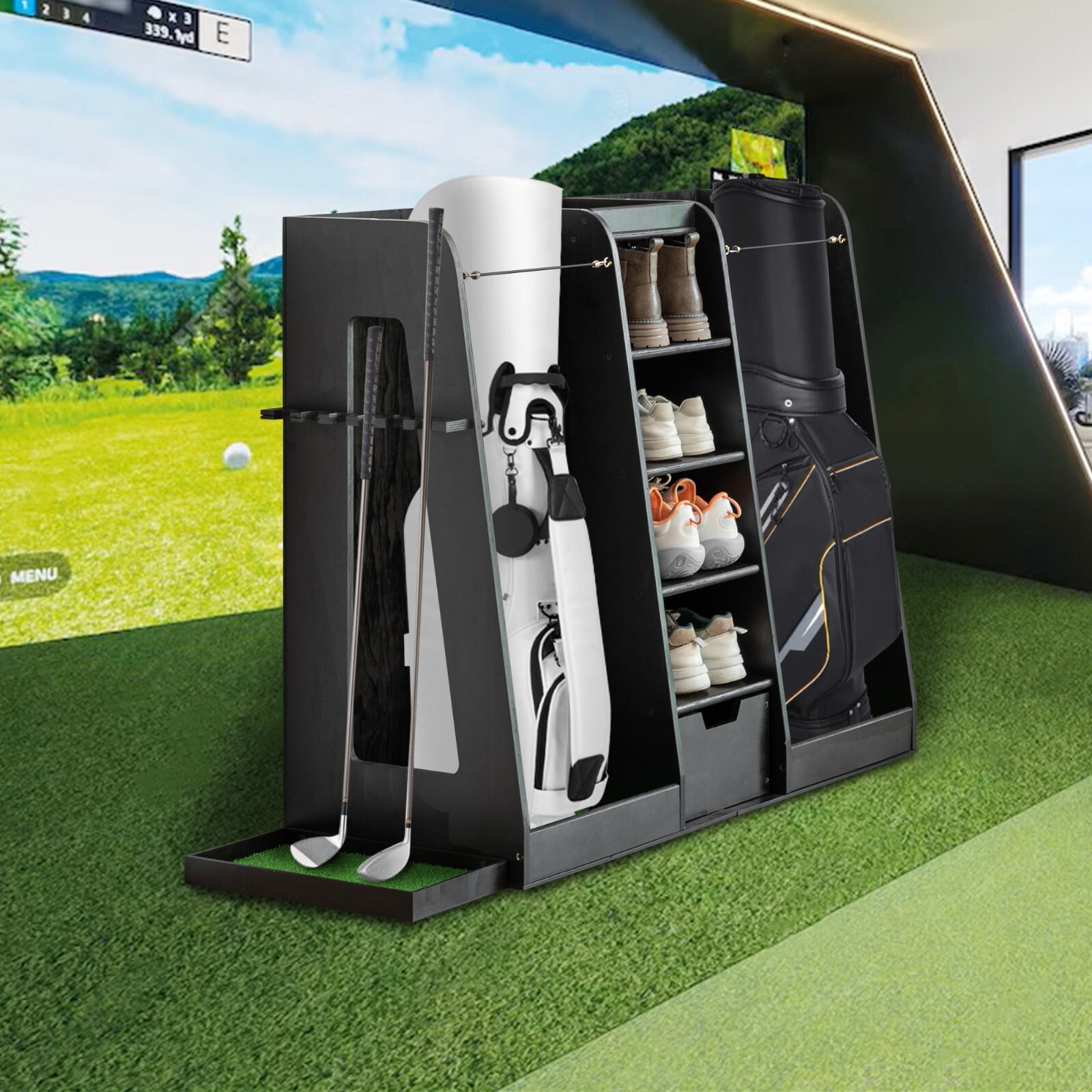 55.5''Lx16''Wx37''H Wooden Golf Bag Organizer Storage Rack Holds 2 Golf ...