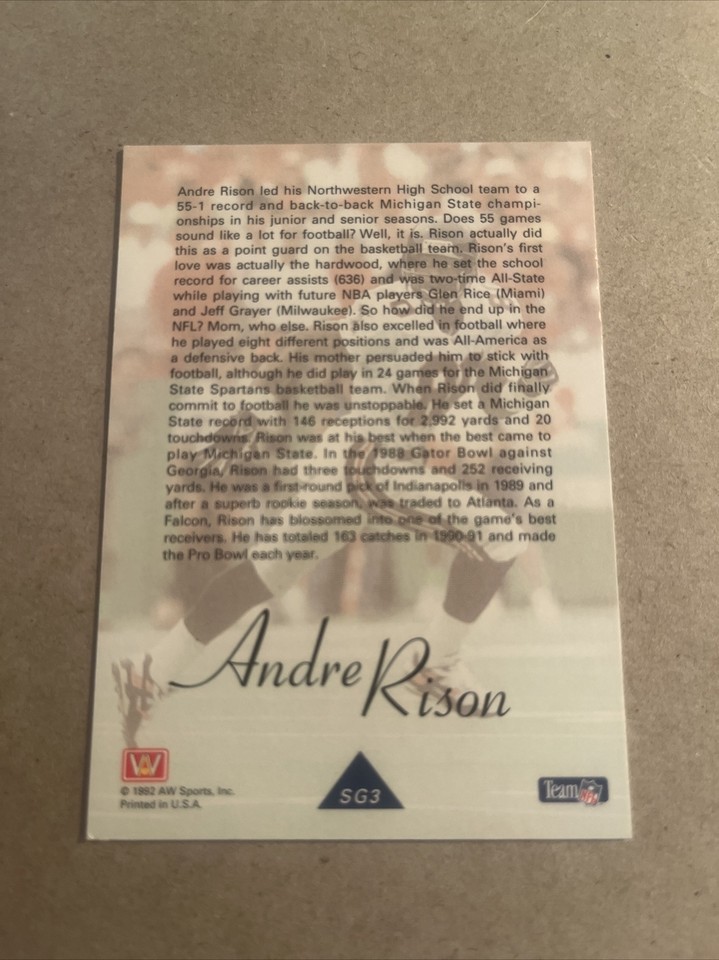 1992 All World Andre Rison RC Rookie #SG3 Atlanta Falcons Michigan ...
