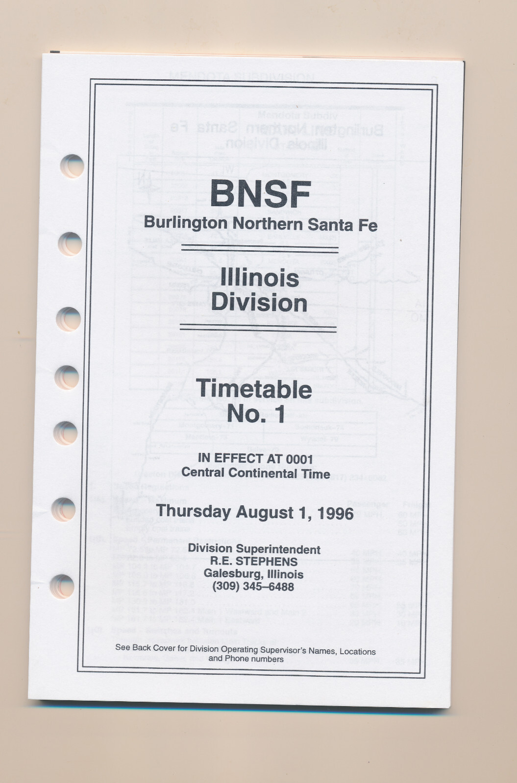 BURLINGTON NORTHERN SANTA FE ILLINOIS DIVISION TIMETABLE #1 AUG 1, 1996 ...
