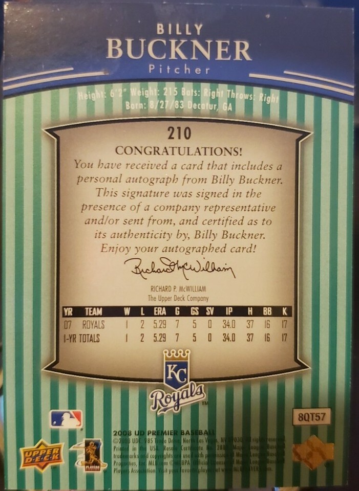 BILLY BUCKNER 2008 Upper Deck Premier RC Signatures AUTO Blue SP /99 ...