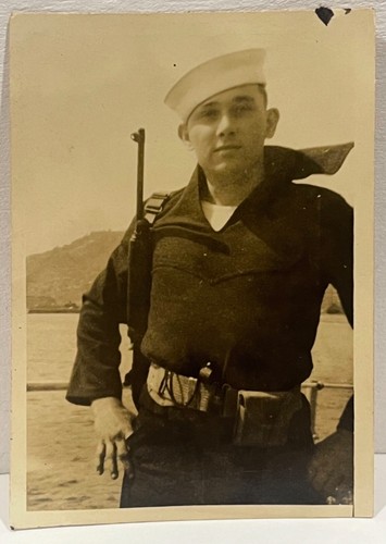 Navy Sailor Slinging Rifle over Shoulder Vintage Military Snapshot ...