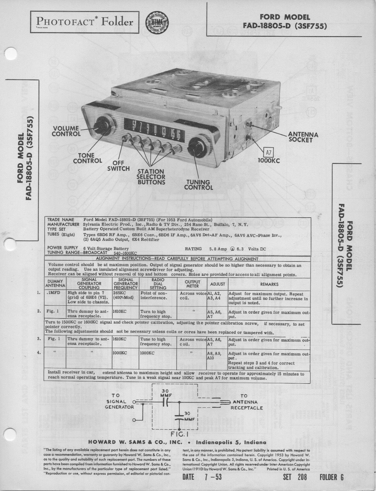 1953 FORD FAD-11805-D 3SF755 AUTO CAR RADIO SERVICE MANUAL PHOTOFACT ...