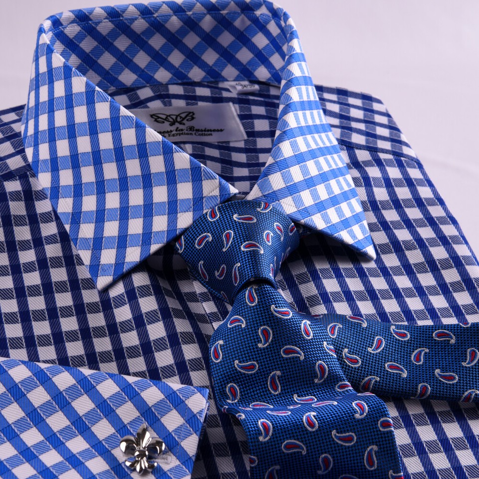 Contrast Blue Check Unique Designed Business Shirt Easy Iron Wrinkle ...