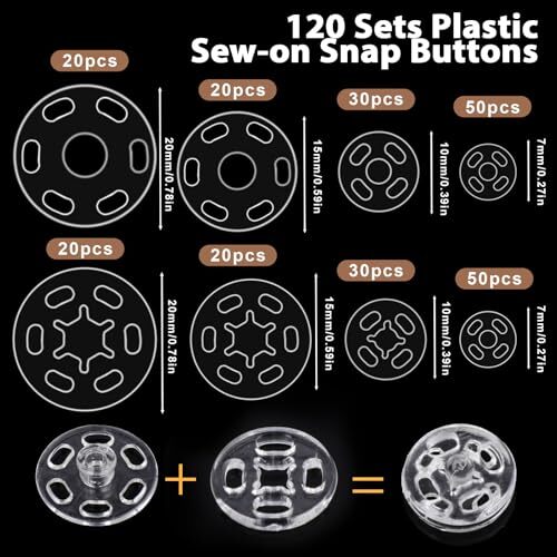 120 Sets of Plastic Sew-on Snap Buttons Clear Snaps for Sewing ...