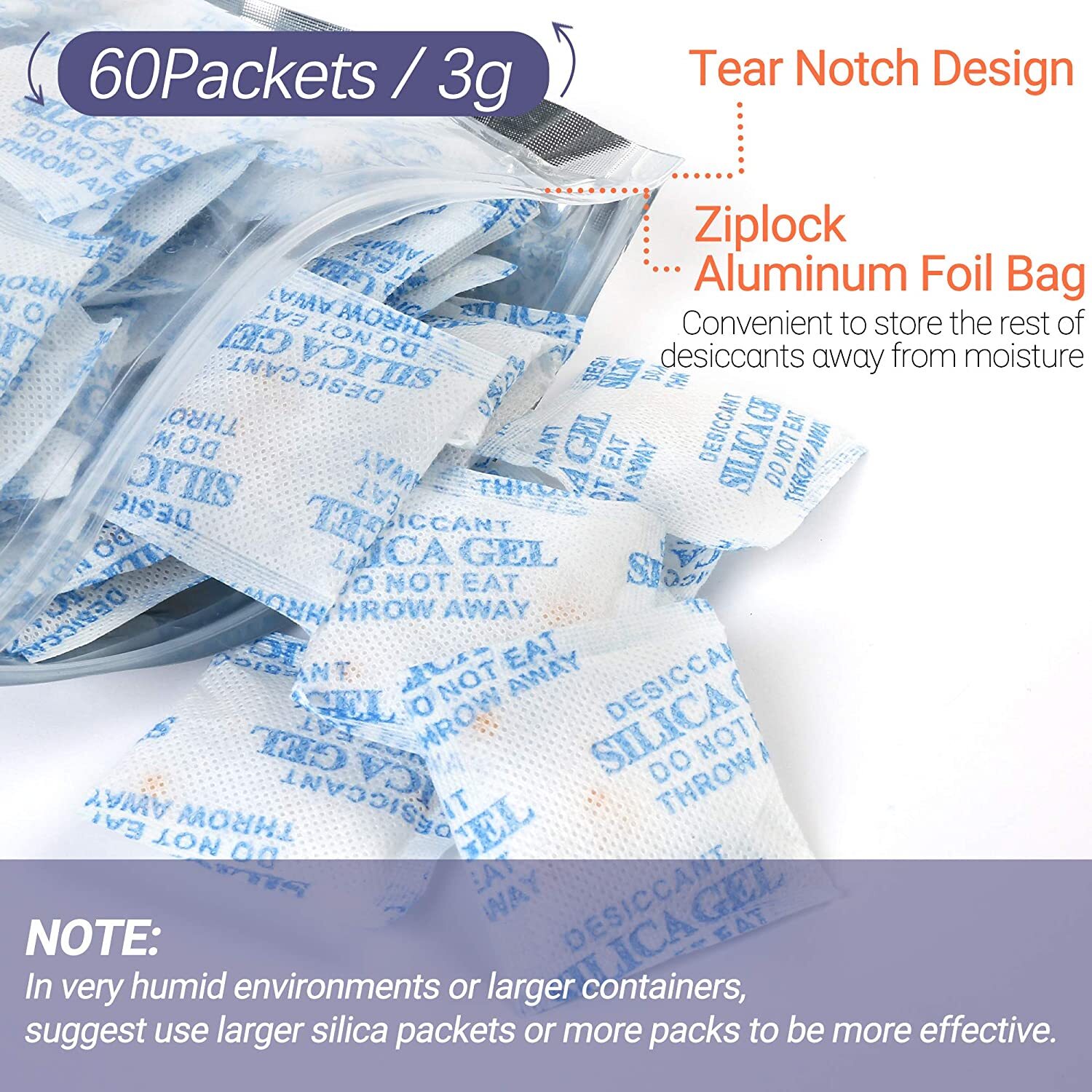 60 Packs 3g Grams Silica Gel Desiccant Packets Moisture Absorber Drying ...