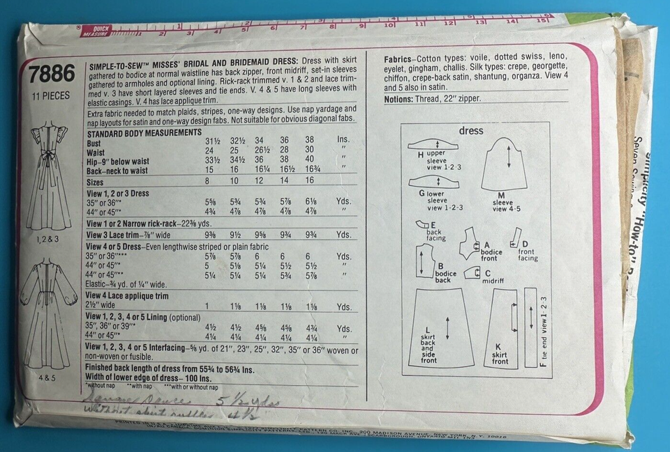 Wedding Dress Bridesmaid Bridal Pattern Simplicity 7886 Size 14 1970's ...