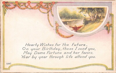 River Scene on Old Art Deco Birthday Motto Postcard - No. 128C | eBay