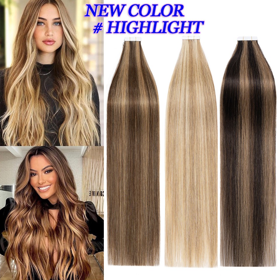 10-80PCS Invisible Tape In Skin Weft Remy Human Hair Extensions Full ...