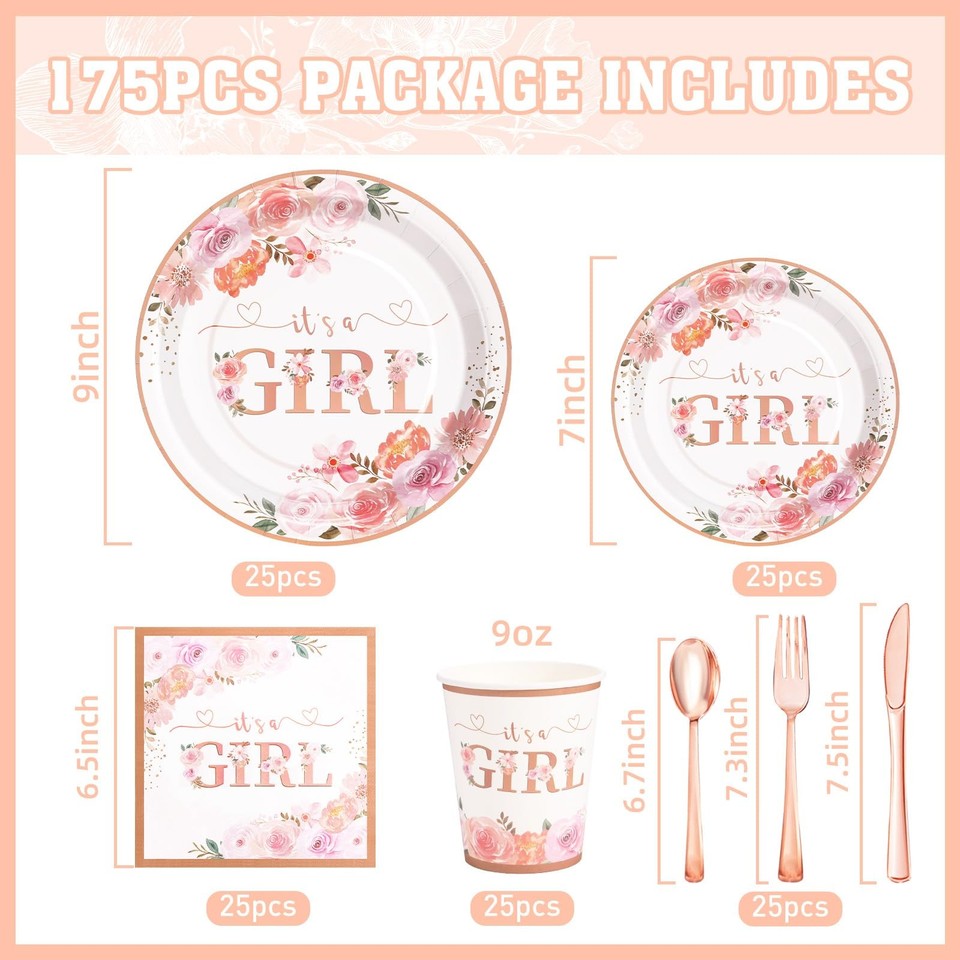 175 PCS Baby Shower Decorations for Girl, Floral Baby Shower Plates and ...