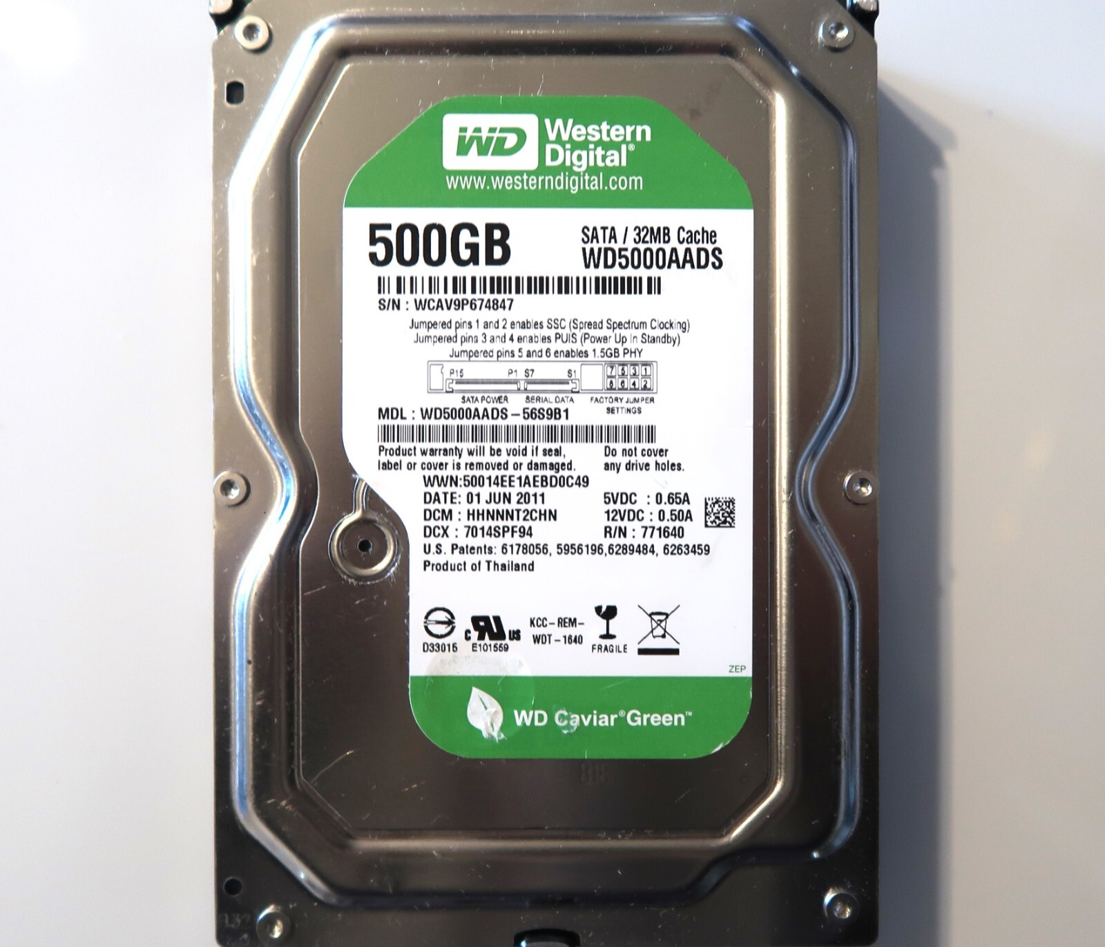 WD WD5000AADS-56S9B1 HHNNNT2CHN ( Wcav ) Thaïlande 500gb 3.5 " SATA HDD ...