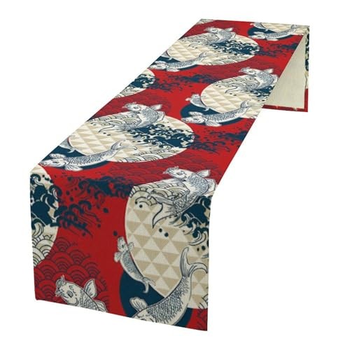 Japanese Koi Fish Table Runner,Fish Sea Wave Pattern 13x70inch Japanese ...