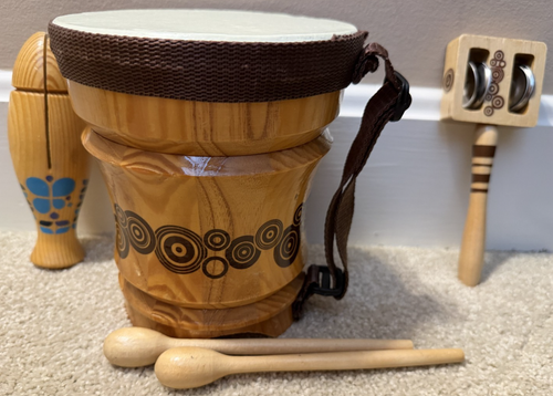 Mini djembe Wooden Bongo Drum First Act Handcrafted Strap + Guiro ...