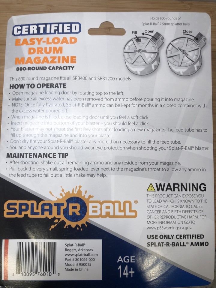 SPLAT-R-BALL Orange 800 Round Water Bead Drum Magazine for Water Bead ...